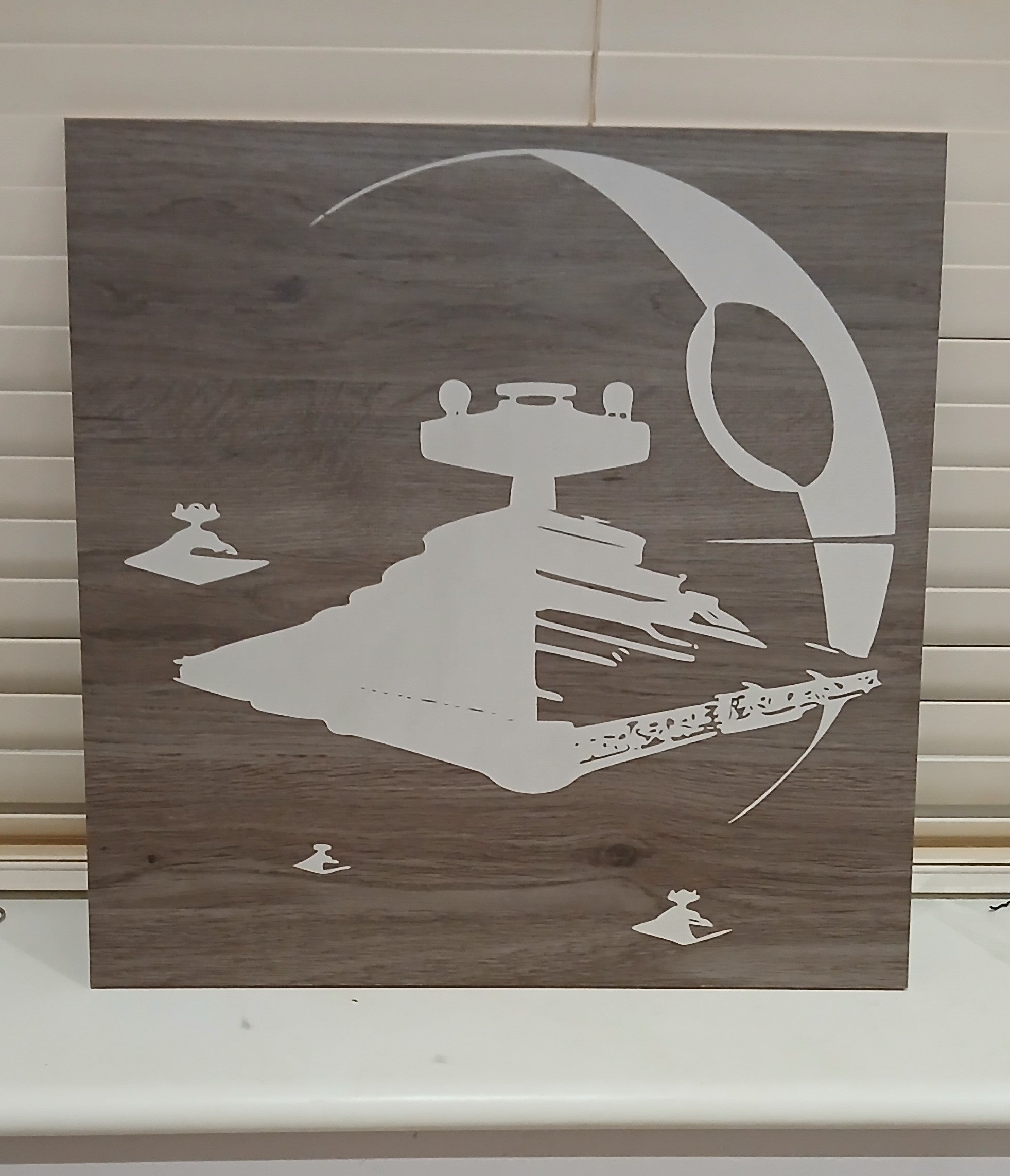 Death Star and Star Destroyers. Wood Engraved Wall Art. 390mm x 390mm ...