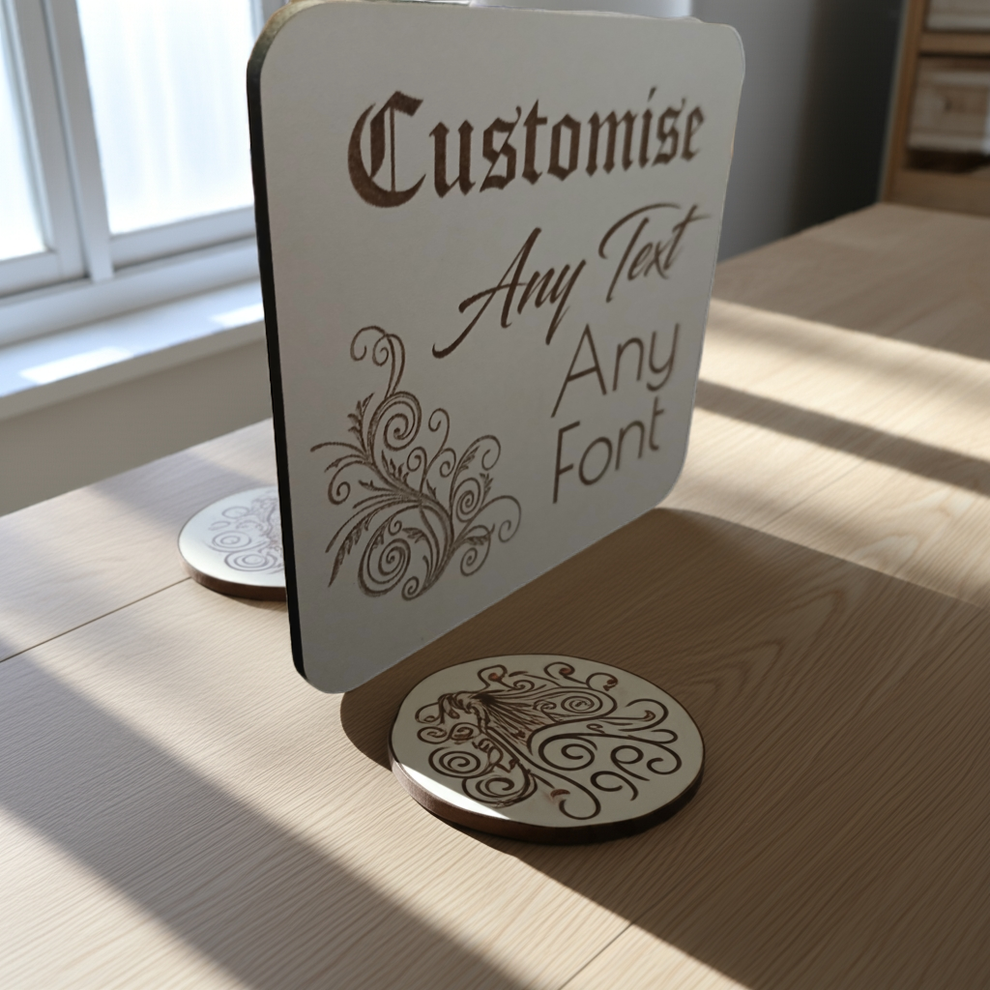 Set of 4, Customise your own Coaster, Any Text, Any Font, with bumper – H & B Thanet