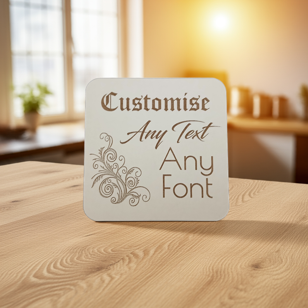 Set of 4, Customise your own Coaster, Any Text, Any Font, with bumper – H & B Thanet