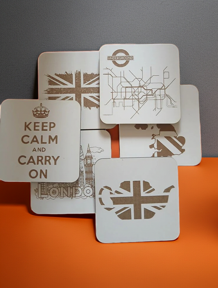 Set of 6 White Wood, Great Britain Theme Collection, Drink Coasters wi ...
